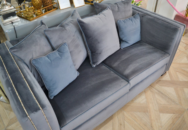 Luxury Grey Velvet Buttoned Two Seater Sofa